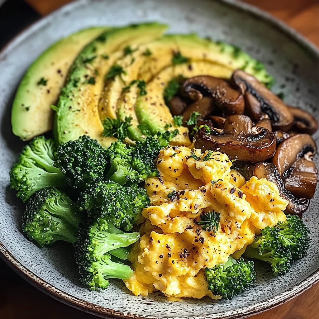 Creamy Scrambled Eggs with Avocado, Sautéed Mushrooms & Broccoli